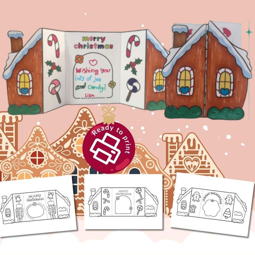 Free Gingerbread House Folding Christmas Cards to Colour